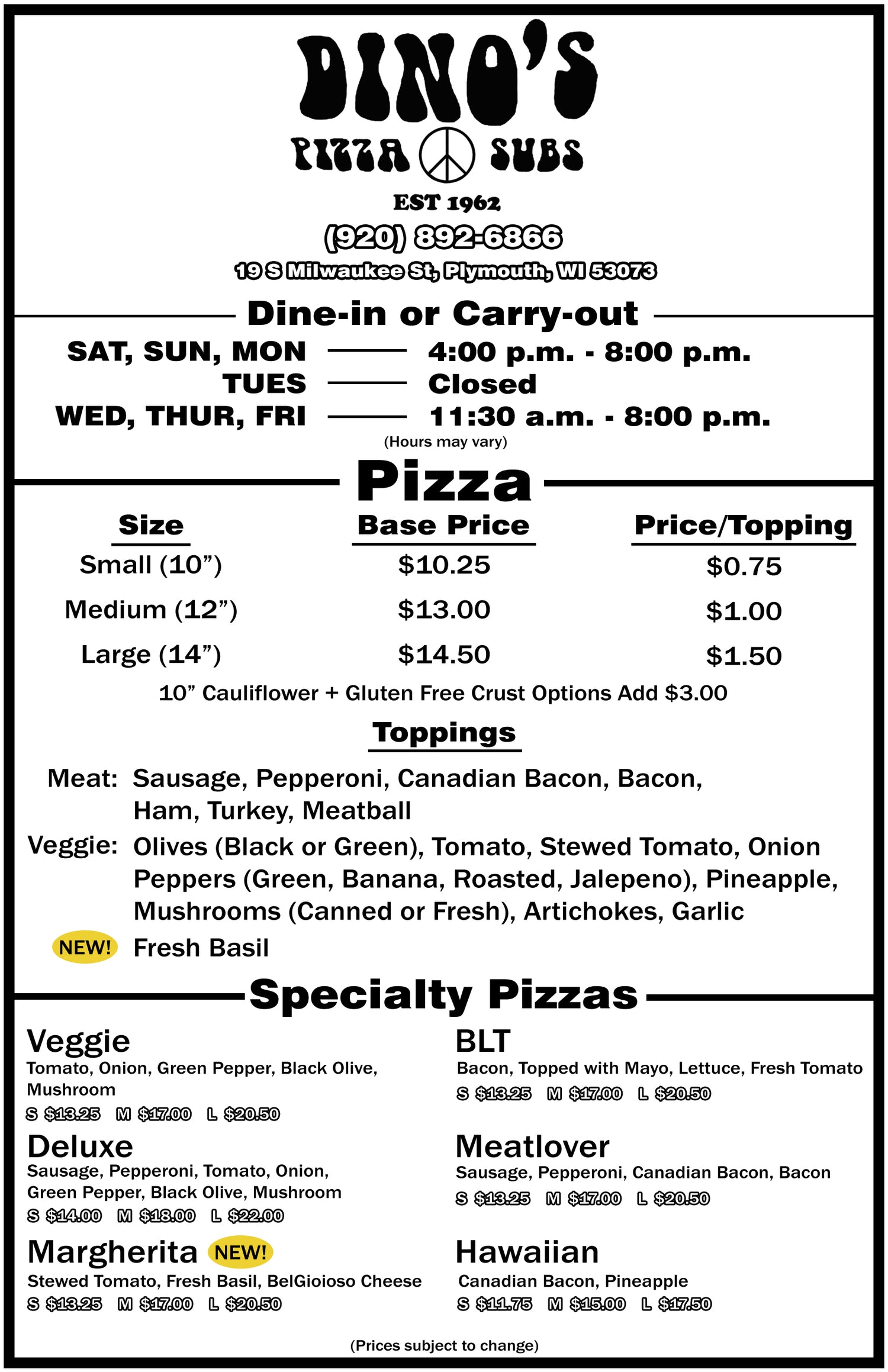 Menu – Uncle Dino's Pizza